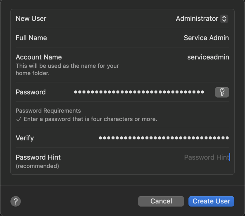 Creating service admin user on macOS - UMIACS